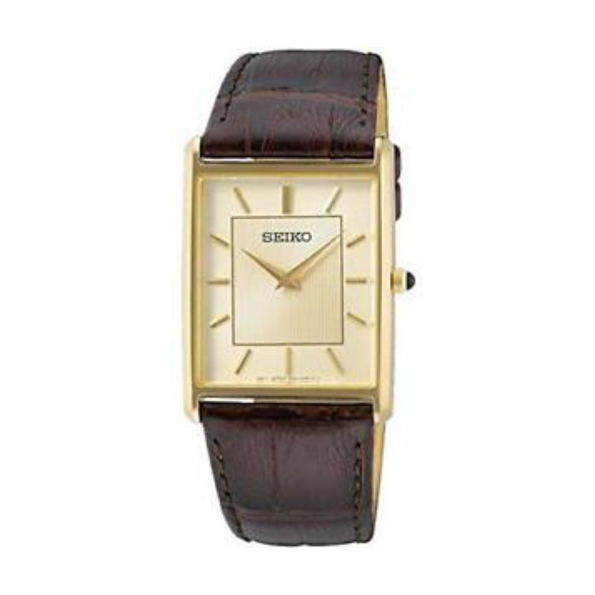 Seiko Essentials Quartz Rectangle Gold-Tone Men's Brown Leather Band W ...