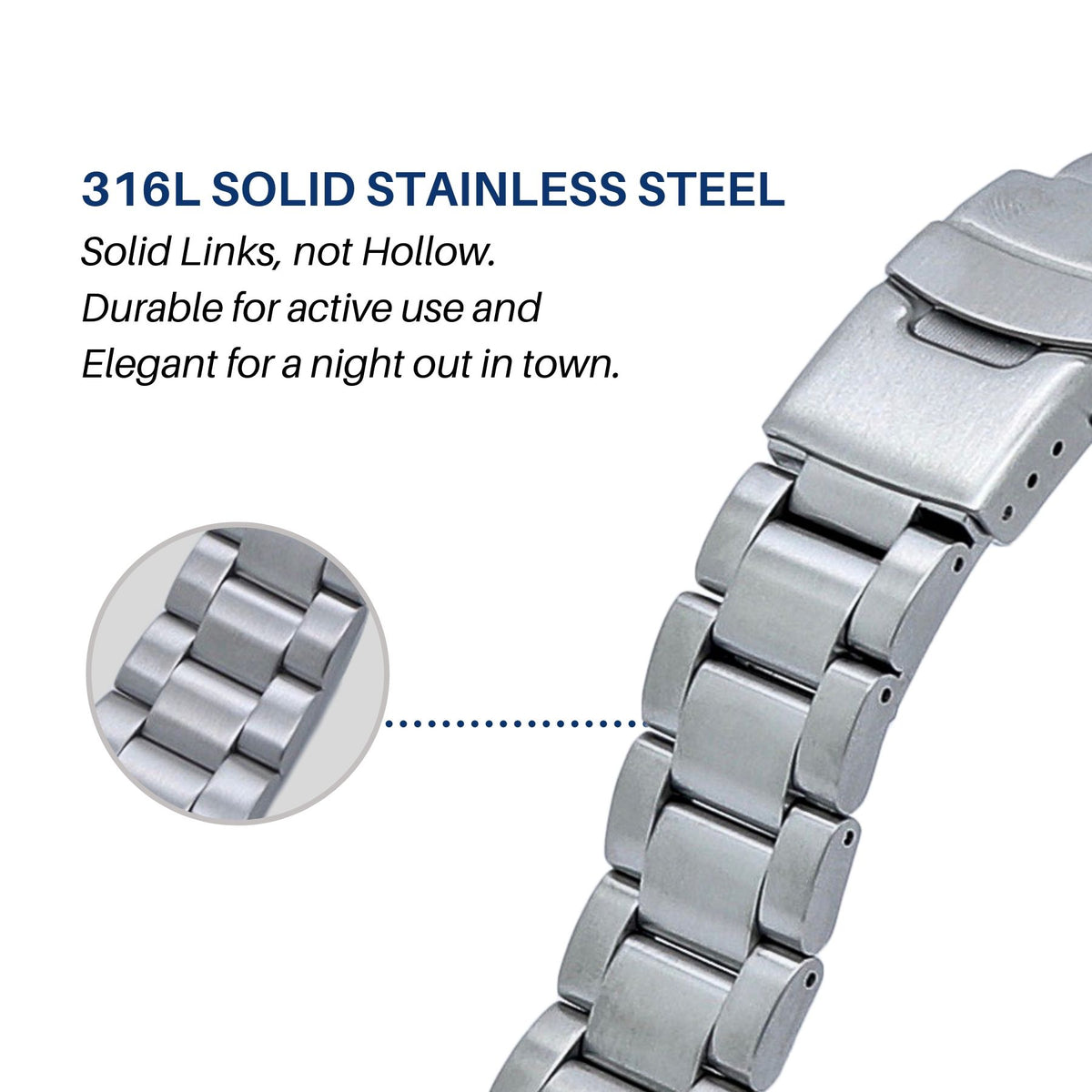 22mm 316L Oyster Solid Stainless Steel Watch Band Strap Straight End ...