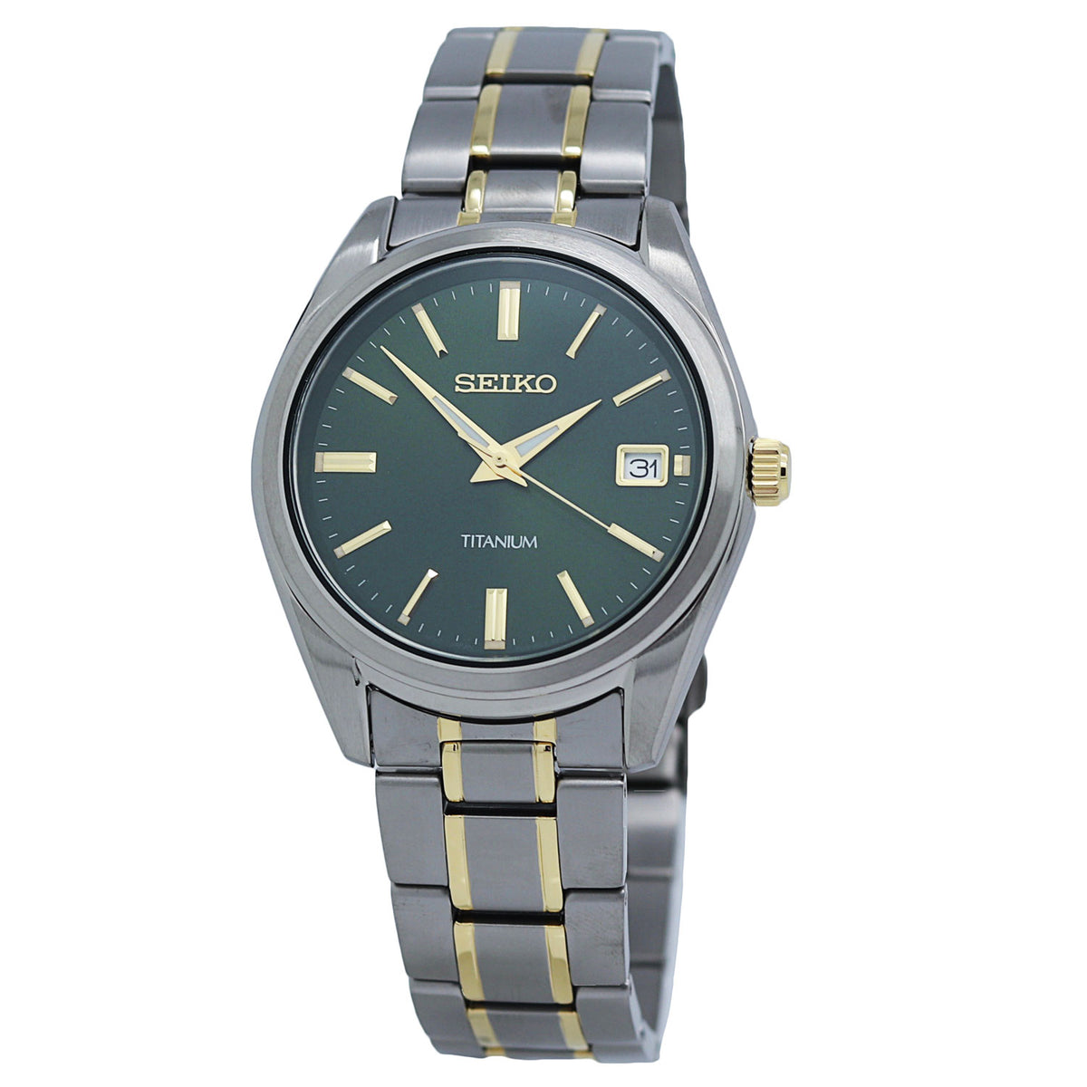 Seiko Quartz SUR377 Green Dial Two-Tone Titanium Bracelet Men's Watch ...